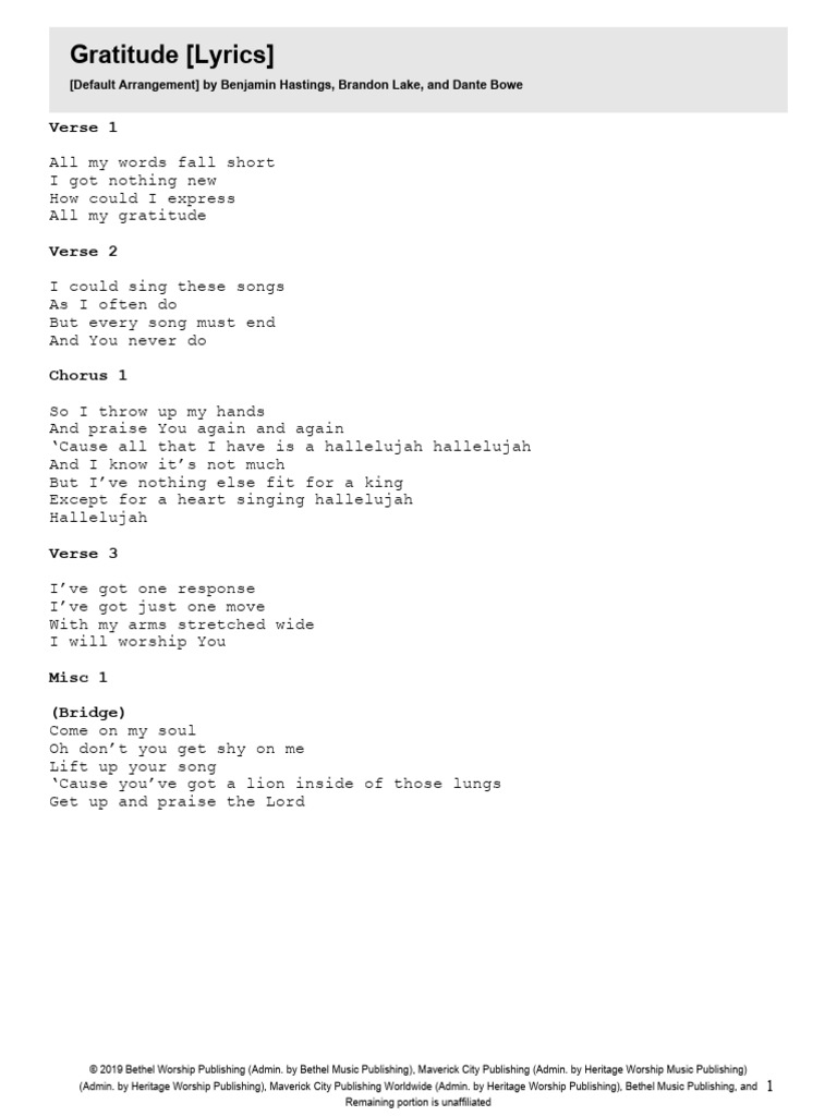 Gratitude Lyrics by Brandon Lake | PDF