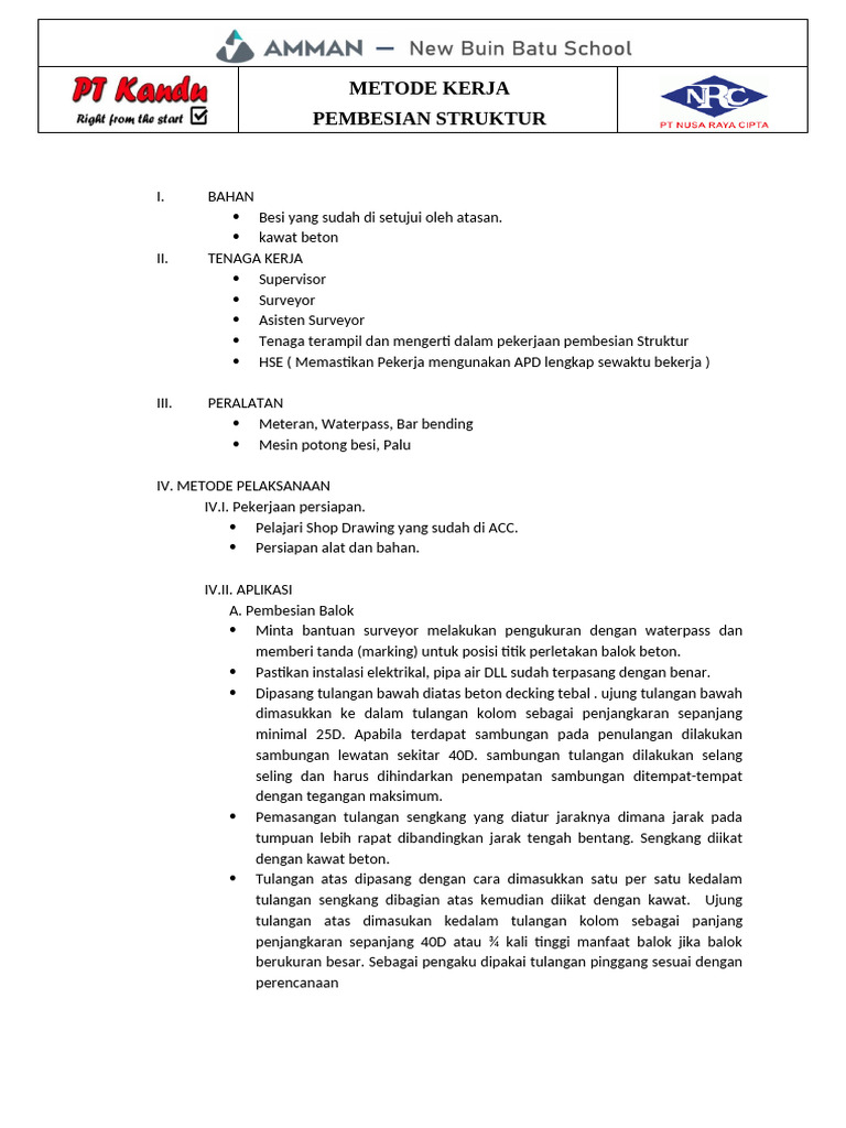 Metode Pekerjaan Pembesian Balok & Plat | PDF