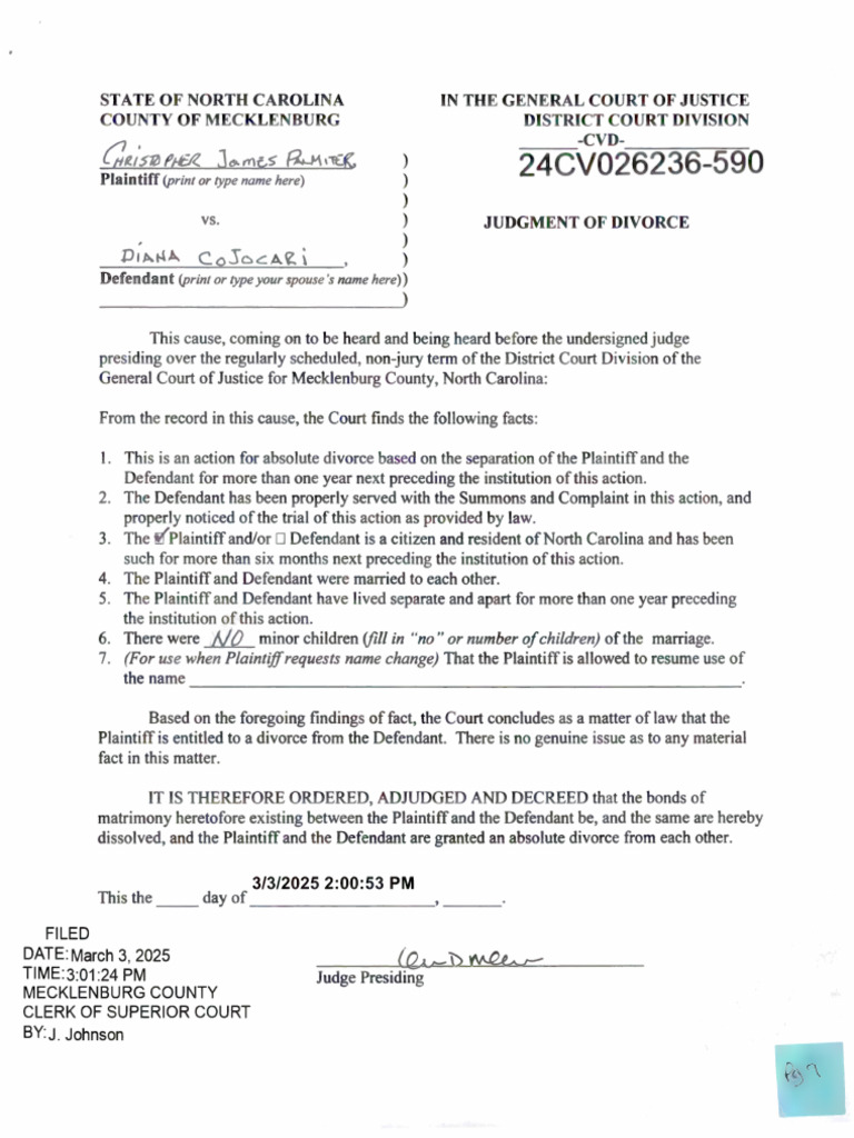 Madalina Cojocari's Parents Finalize Divorce in Mecklenburg County | PDF | Divorce | Public Law
