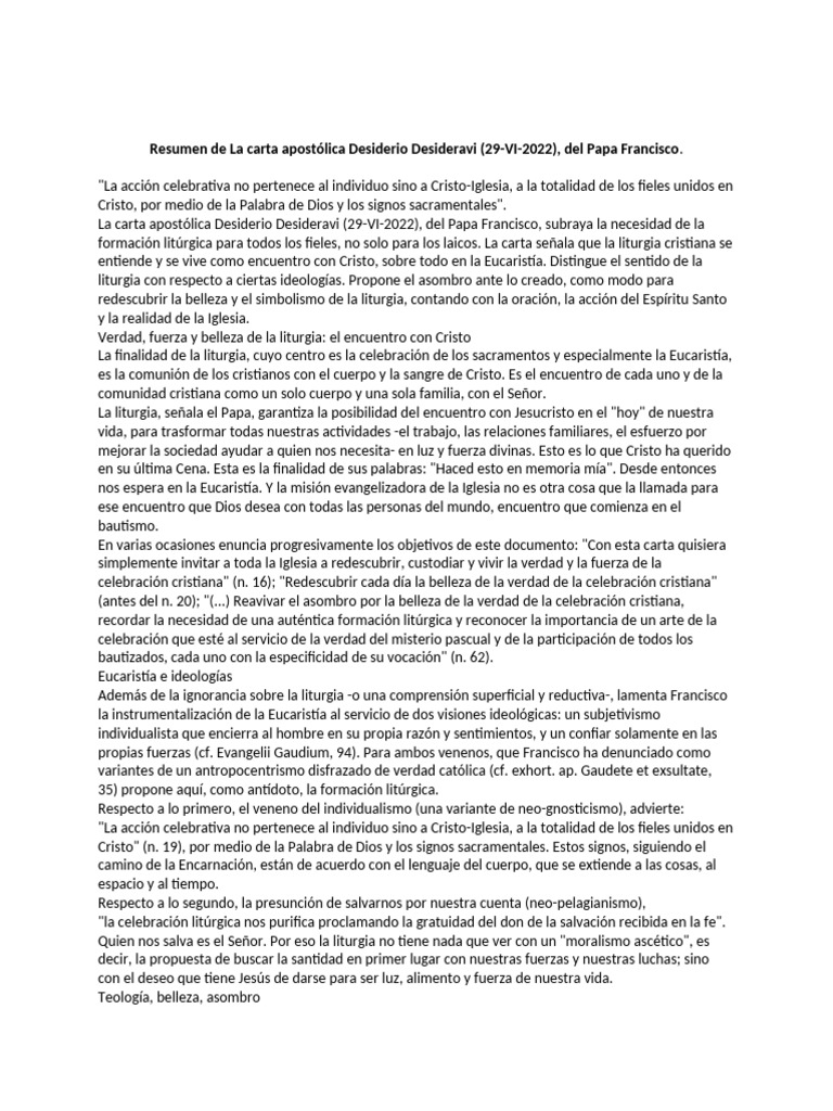 Resumen de La Carta Apostólica Desiderio Desideravi | PDF | eucaristía ...