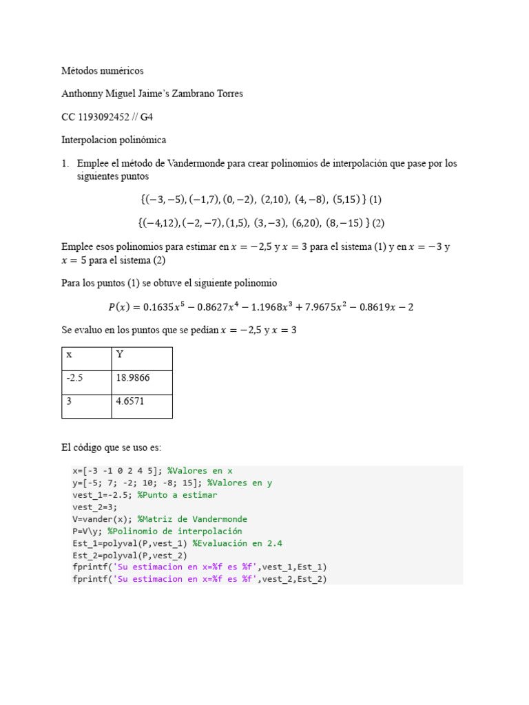 Interpolacion polinomica MATLAB | PDF | Algoritmos | Interpolación