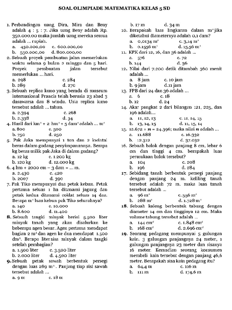Soal Olim Matematika Kelas 5 | PDF
