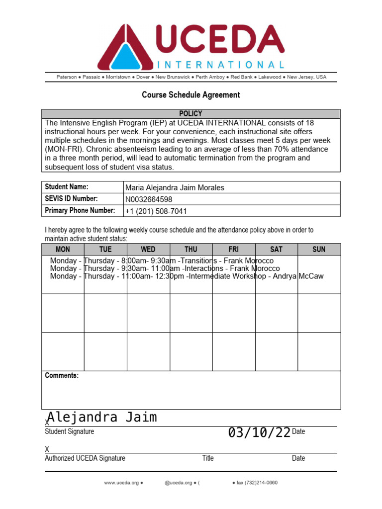Maria Alejandra Jaim Morales - Course Schedule Agreement | PDF