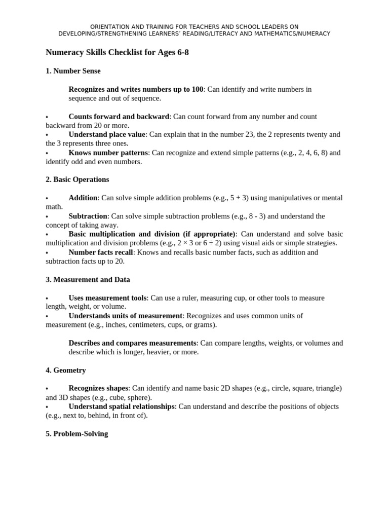 SAMPLE CHECKLIST Numeracy and Literacy Skills | PDF | Literacy | Learning
