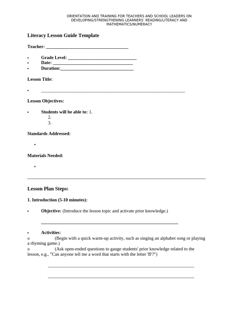 Sample Literacy and Numeracy Lesson Guide Template | PDF | Educational ...