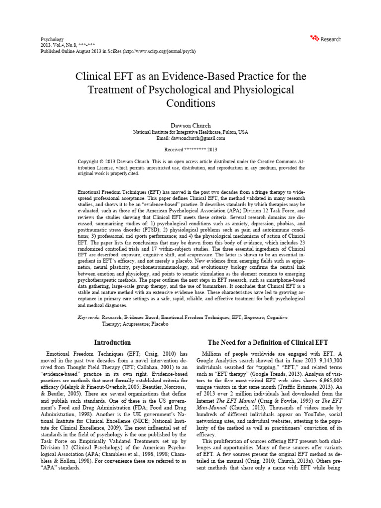 Clinical EFT As An Evidence Based Practice For The Treatment of Psychological and Physiological ...