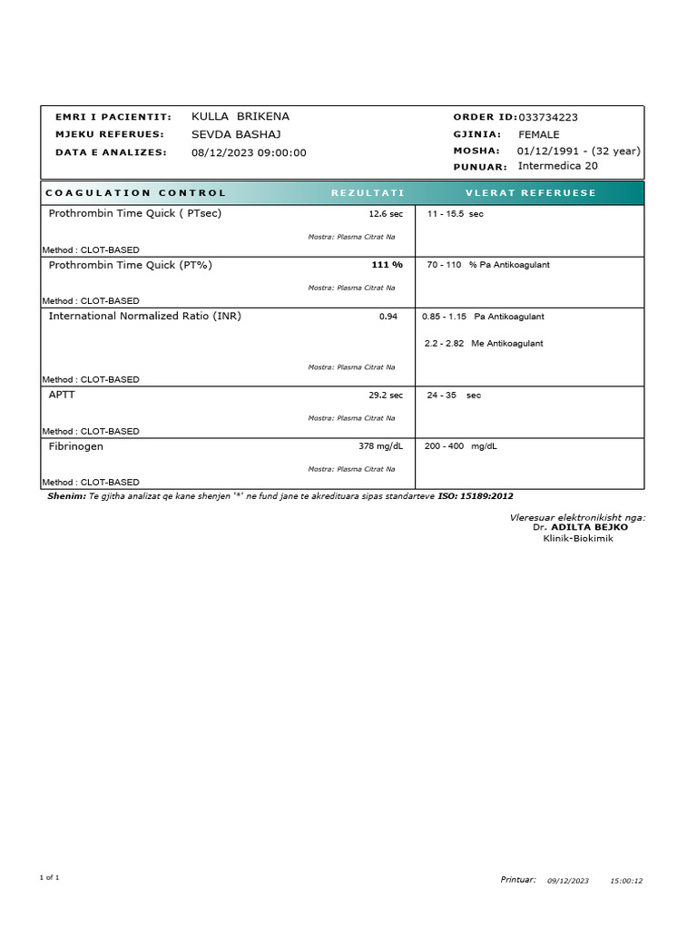 Prothrombin Time Results for Patient | PDF