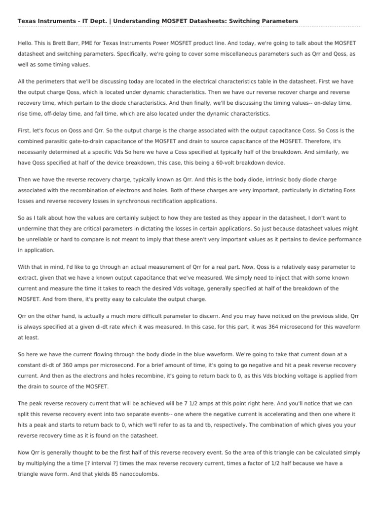 Understanding MOSFET Datasheets_ Switching Parameters | PDF | Mosfet | Computer Engineering