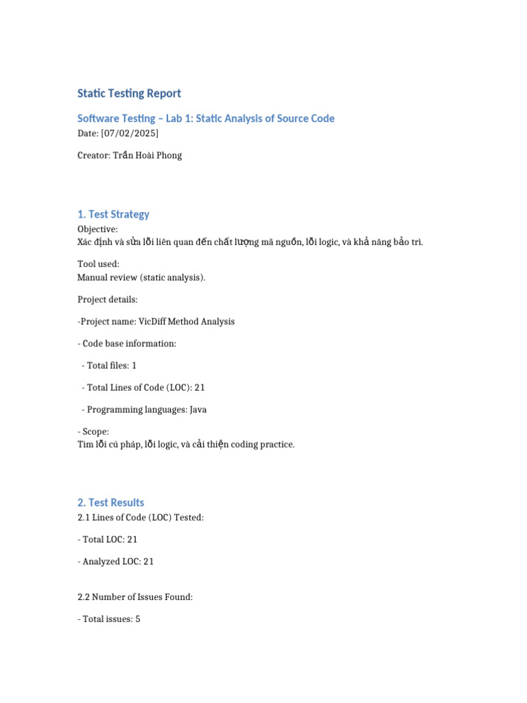 Static Testing Report | PDF
