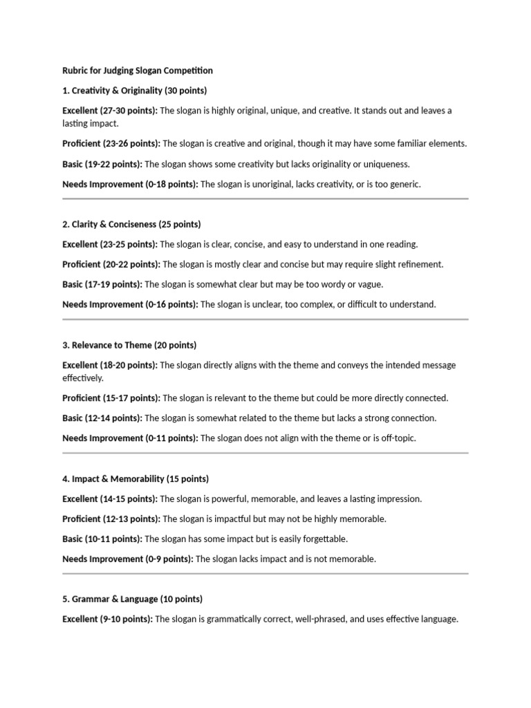 Rubric For Judging Slogan Competition | PDF