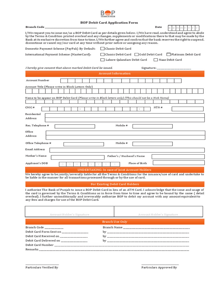 Conventional Debit Card Application Form New | PDF | Debit Card | Banks