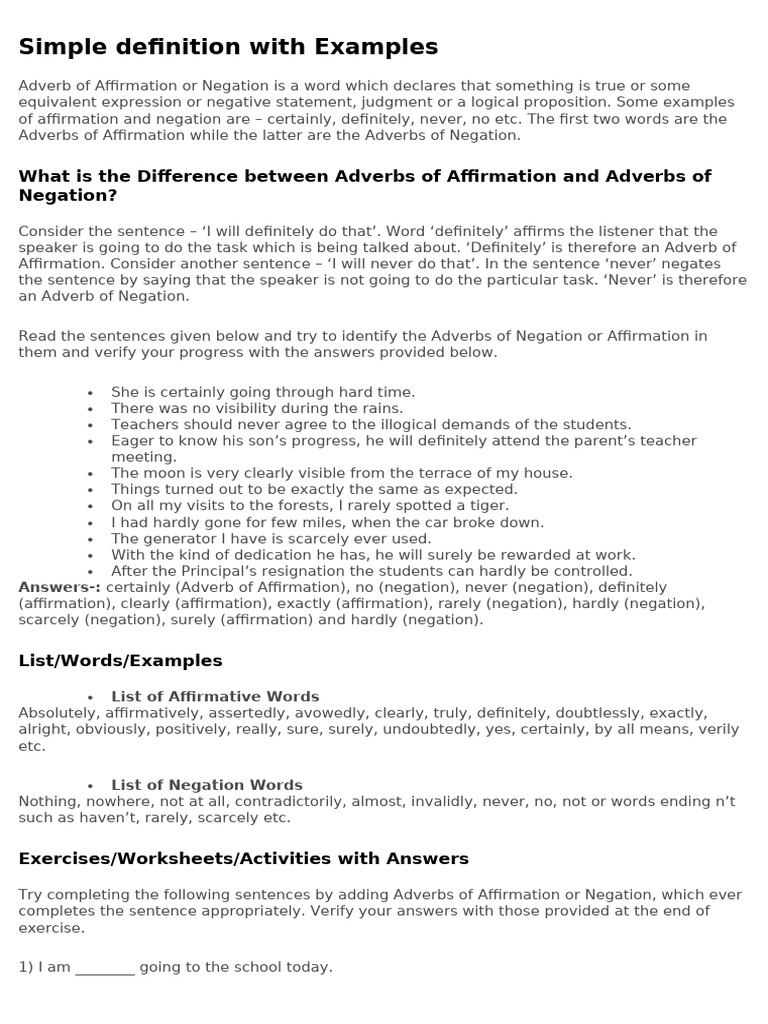 Adverbs of Negation and Affirmation | PDF | Adverb | Sentence (Linguistics)