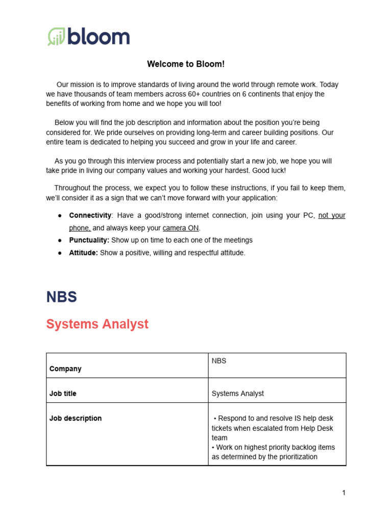 NBS_Systems Analyst- Job Description | PDF | Microsoft Sql Server | Employment