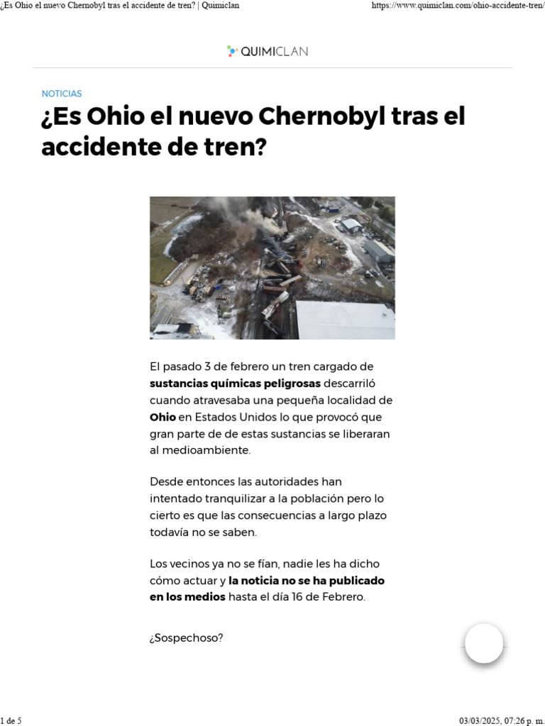 ¿Es Ohio El Nuevo Chernobyl Tras El Accidente de Tren - Quimiclan | PDF | Ácido clorhídrico ...