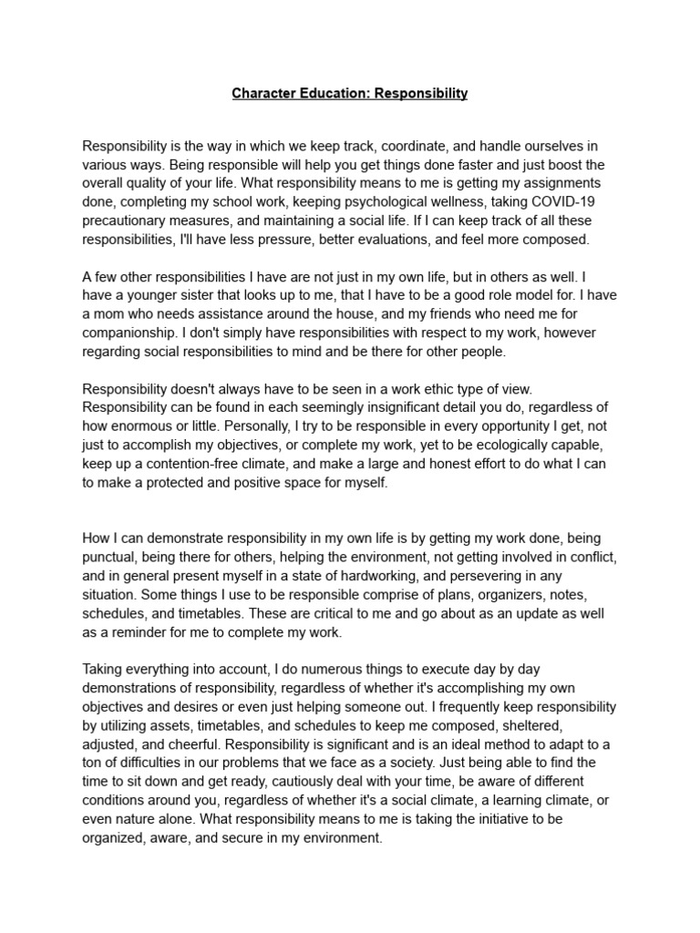 Character Education - Responsibility | PDF | Cognitive Science | Psychology