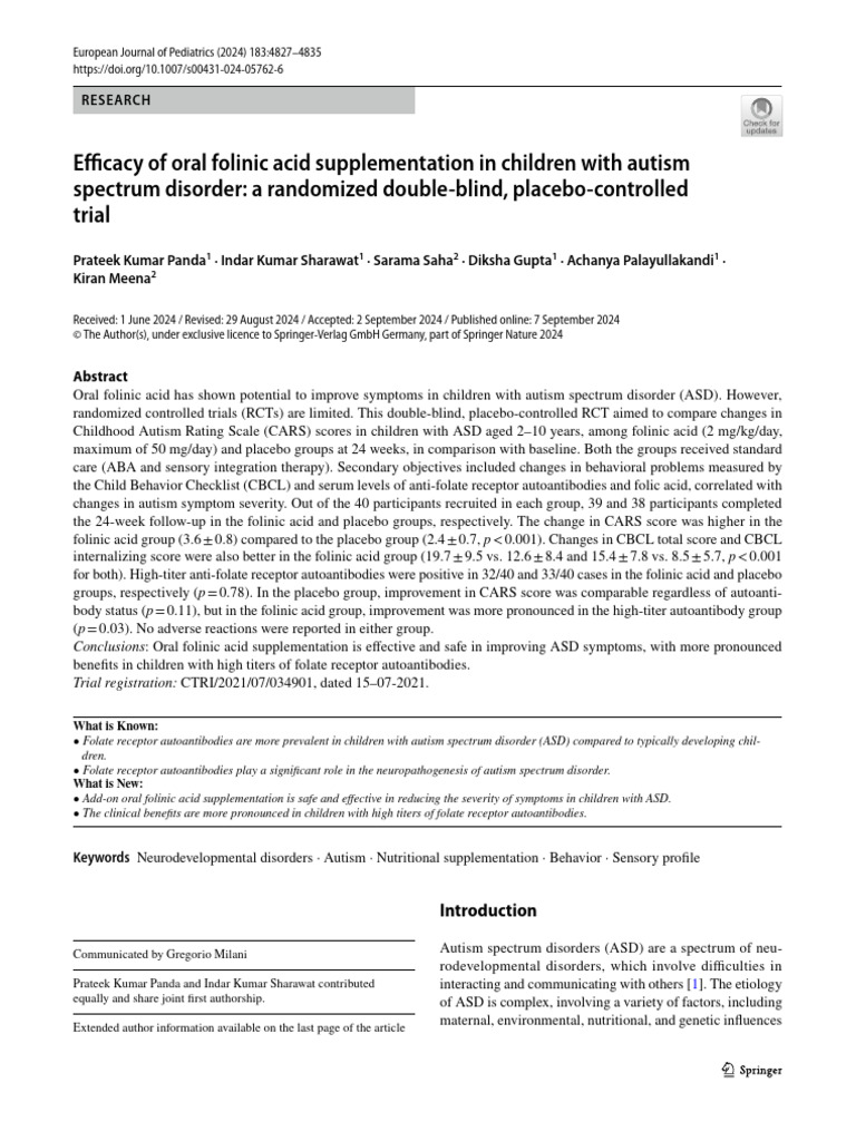 Folinic Acid Benefits for Autism in Kids | PDF | Autism | Randomized ...