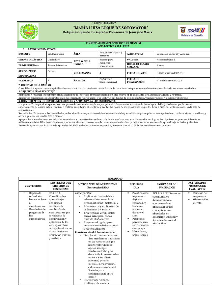 PLANIFICACIÓN DUA SEMANA - OCTAVO- ECA 40 | PDF | Aprendizaje | Evaluación