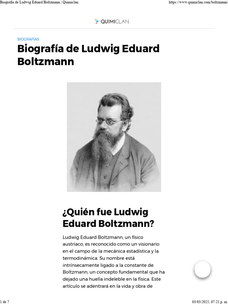 Biografía de Ludwig Eduard Boltzmann - Quimiclan | PDF | Entropía ...