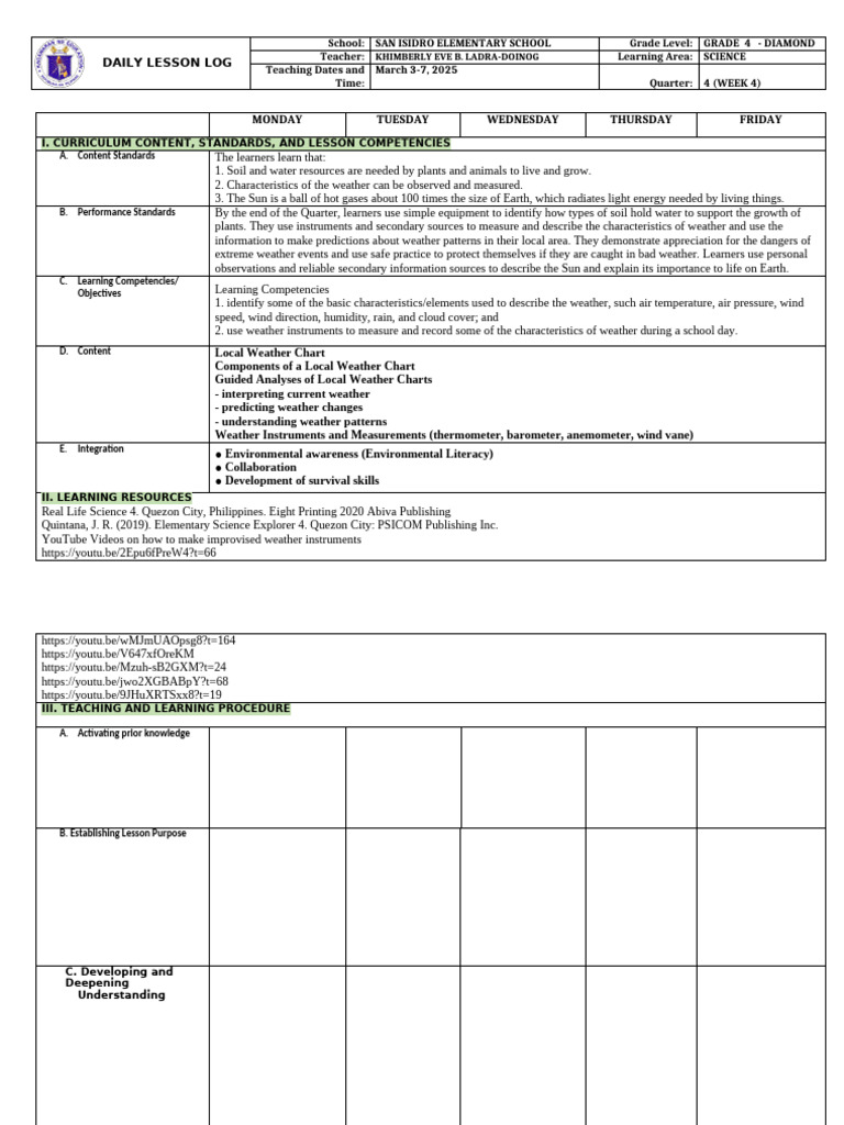 MATATAG DLL FORMAT (Blank) | PDF | Learning | Weather