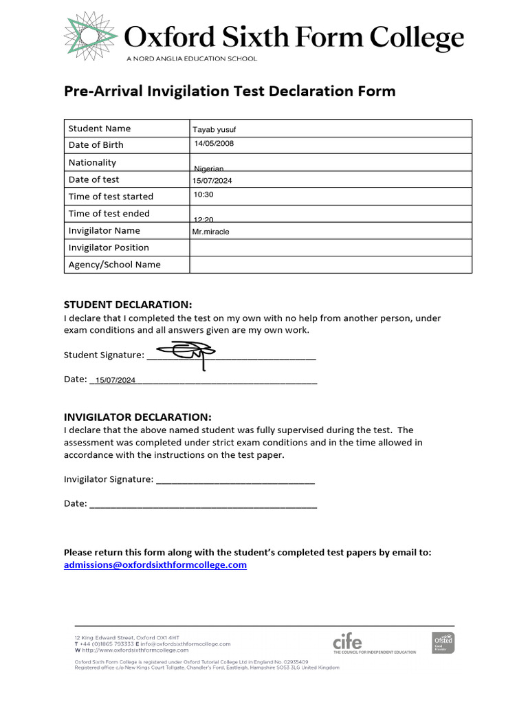 OxSFC Pre-Arrival Test Declaration Form (October 2022) | PDF