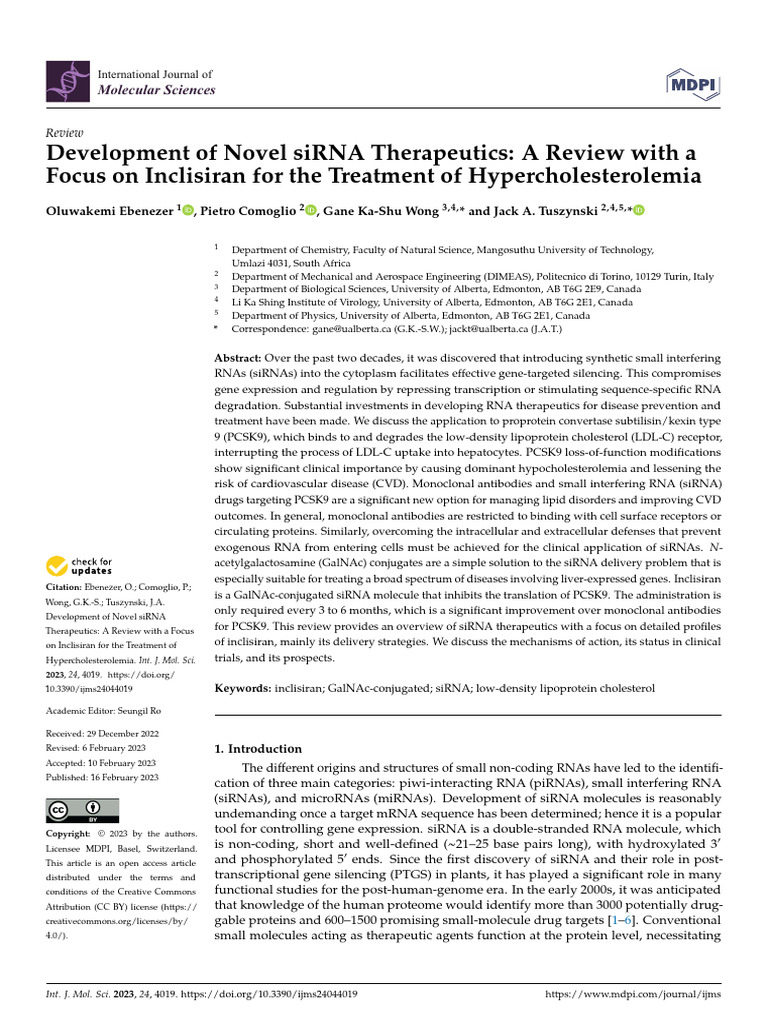 Development of Novel siRNA Therapeutics A Review With A Focus On ...