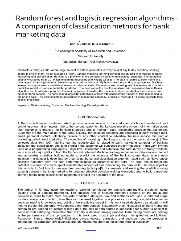 Random Forest and Logistic Regression Algorithms A Comparison of Classification Methods For Bank ...