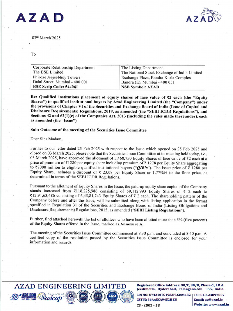 Azad Engg Allotment | PDF | Stocks | Financial Economics