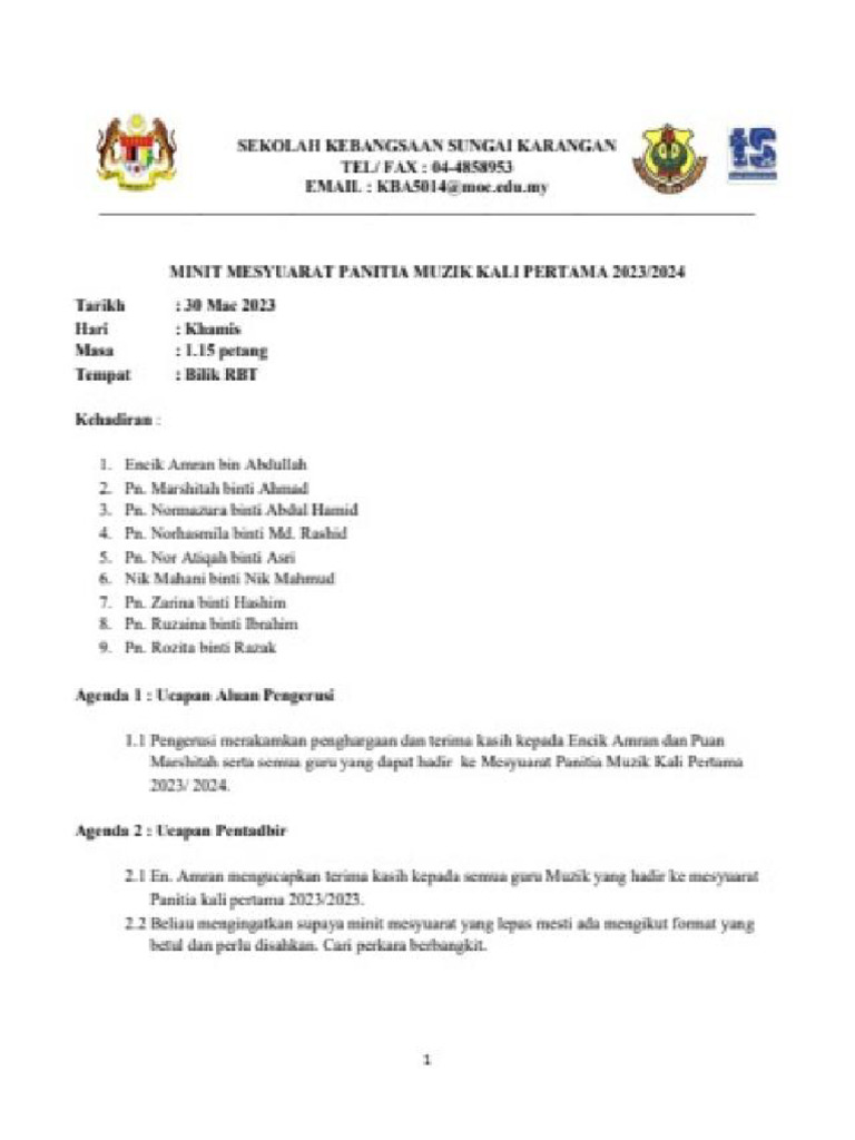 Minit Mesyuarat Panitia Muzik Kali Pertama 2023 - 20250226 - 103639 | PDF