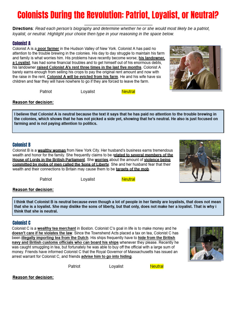 Patriot, Loyalist, or Neutral | PDF | Patriot (American Revolution ...
