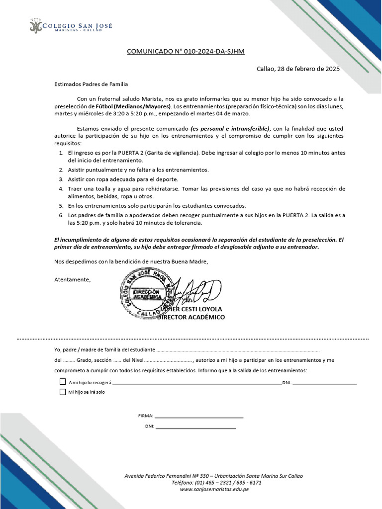 Comunicado N 010 2025 DA SJHMC Futbol Medianos Mayores Marzo | PDF