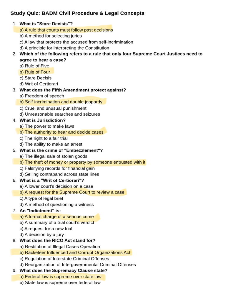Civil and Criminal Law Quiz | PDF | Criminal Law | Exclusionary Rule