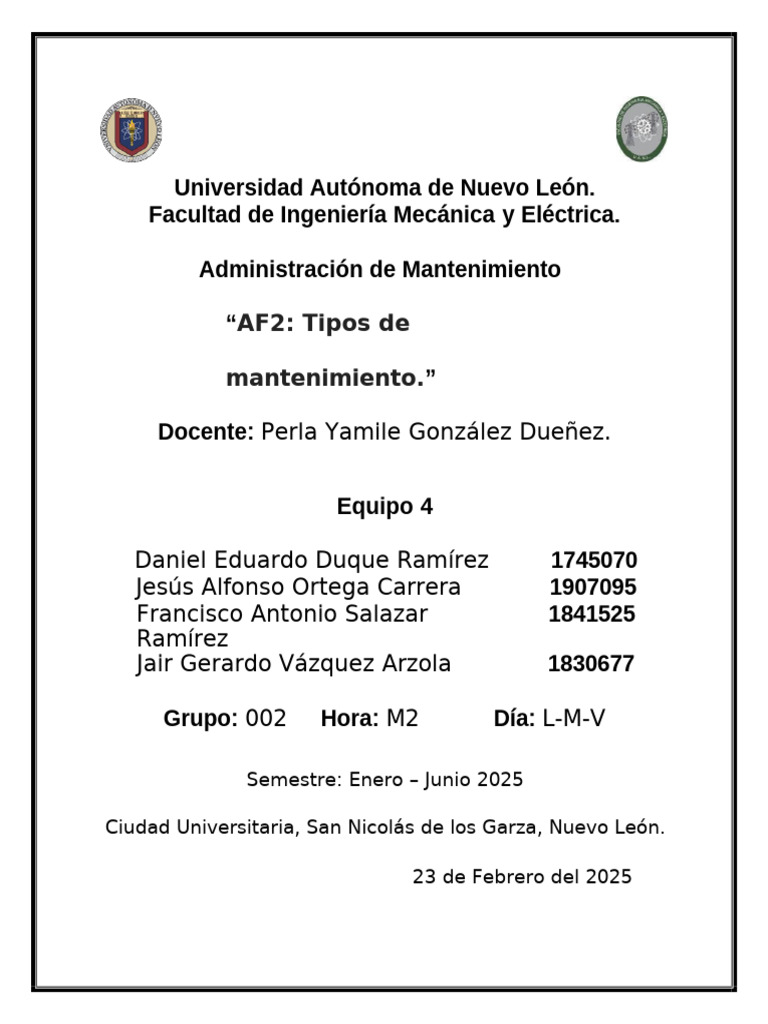 AF2 Cuadro Comparativo Tipos de Mantenimiento (Equipo #4) | PDF | Ingeniería de confiabilidad ...