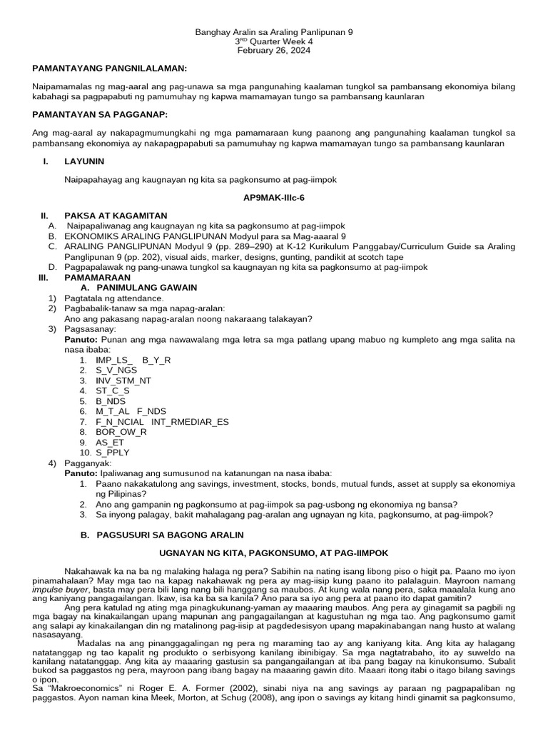 Banghay Aralin Sa Araling Panglipunan 9 | PDF