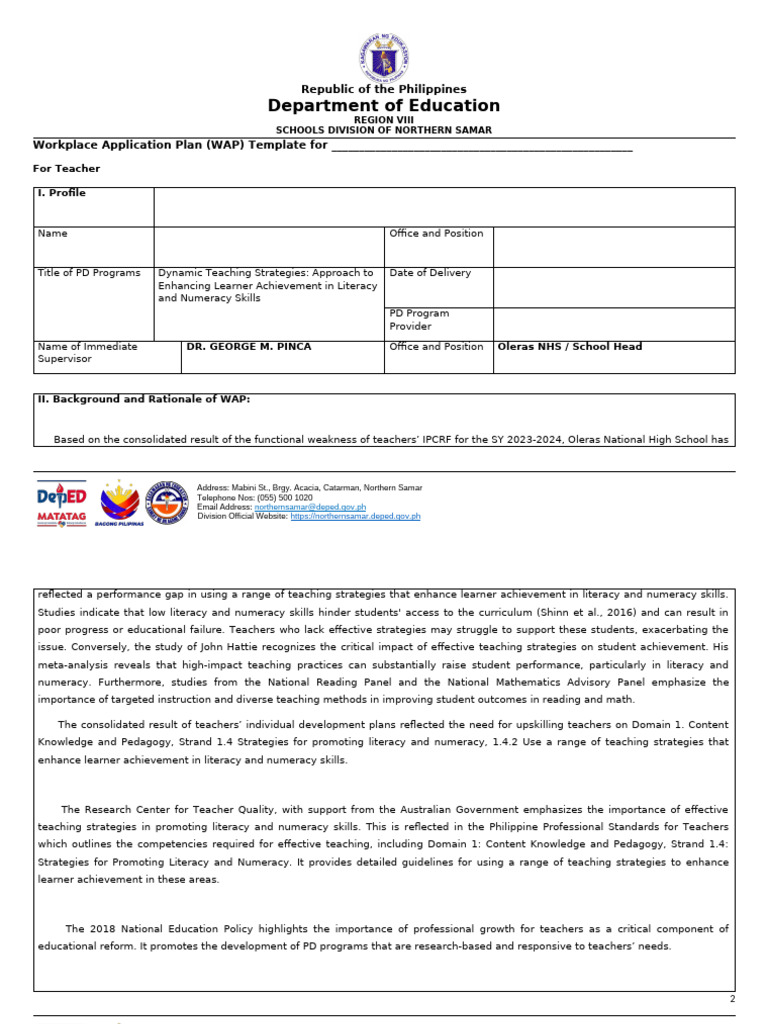 Template_WAP-for-Teachers-INSET-2024 | PDF | Literacy | Teachers