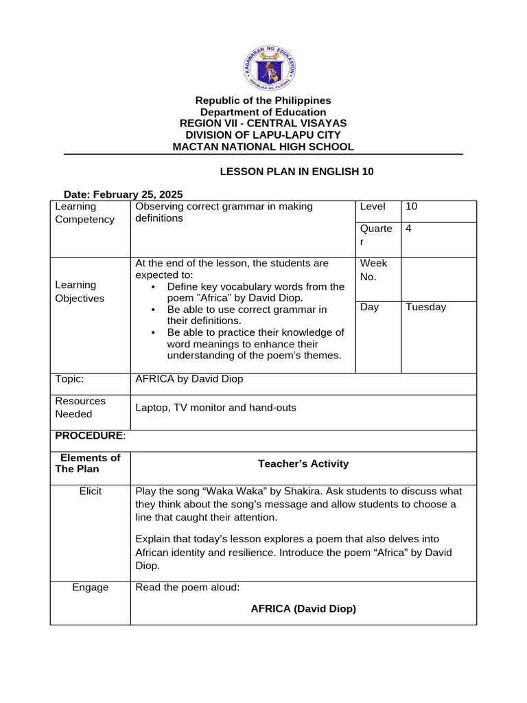 English 10 Lesson Plan: Poem "Africa" | PDF | Colonialism