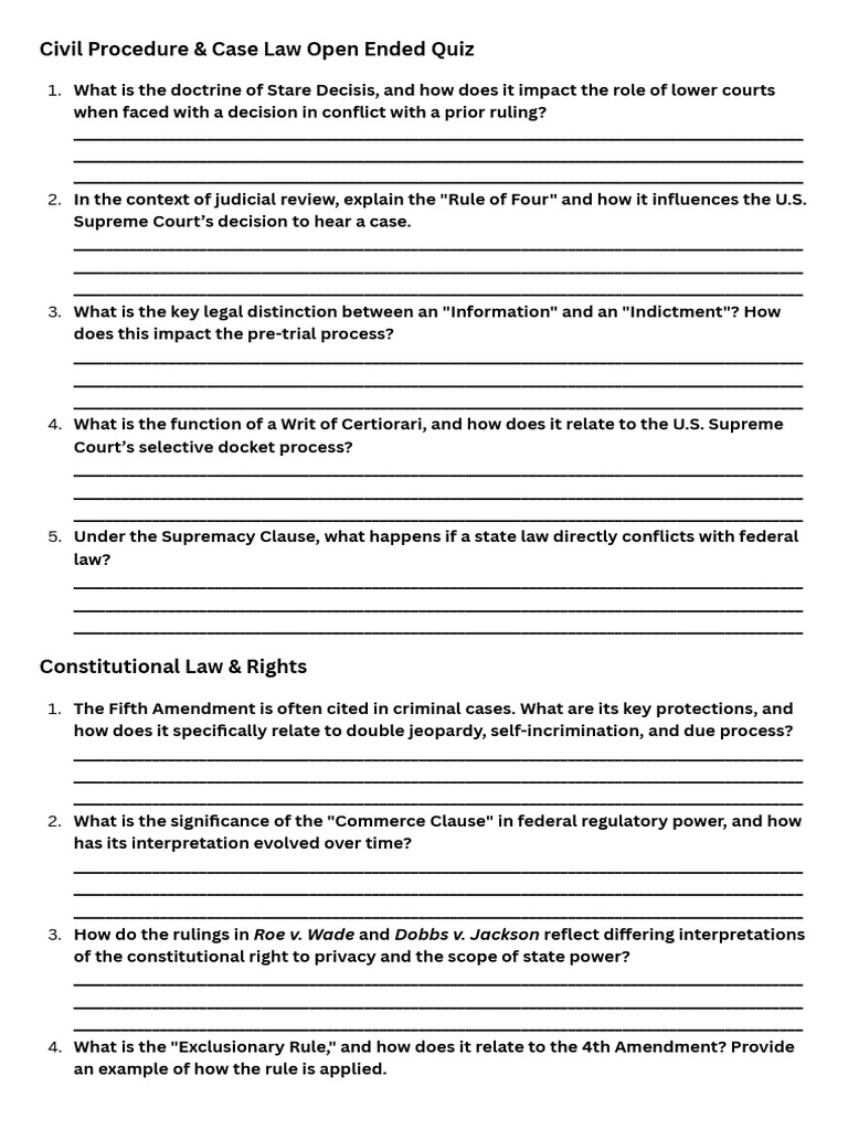 Civil Procedure & Case Law Exam One Study Quiz | PDF | Fifth Amendment ...