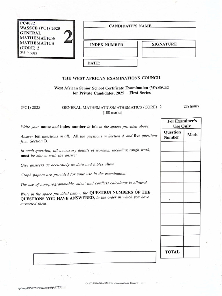 Waec PC 2025 Maths (Core) 2 | PDF