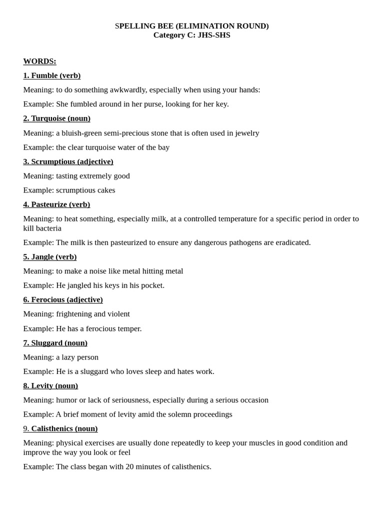 SPELLING BEE JHS-SHS Category | PDF | Noun