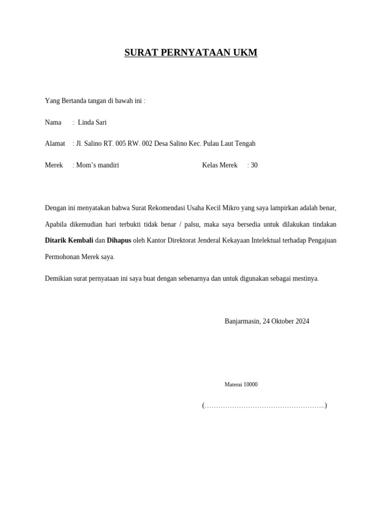 SURAT PERNYATAAN UKM Mom's Mandiri | PDF