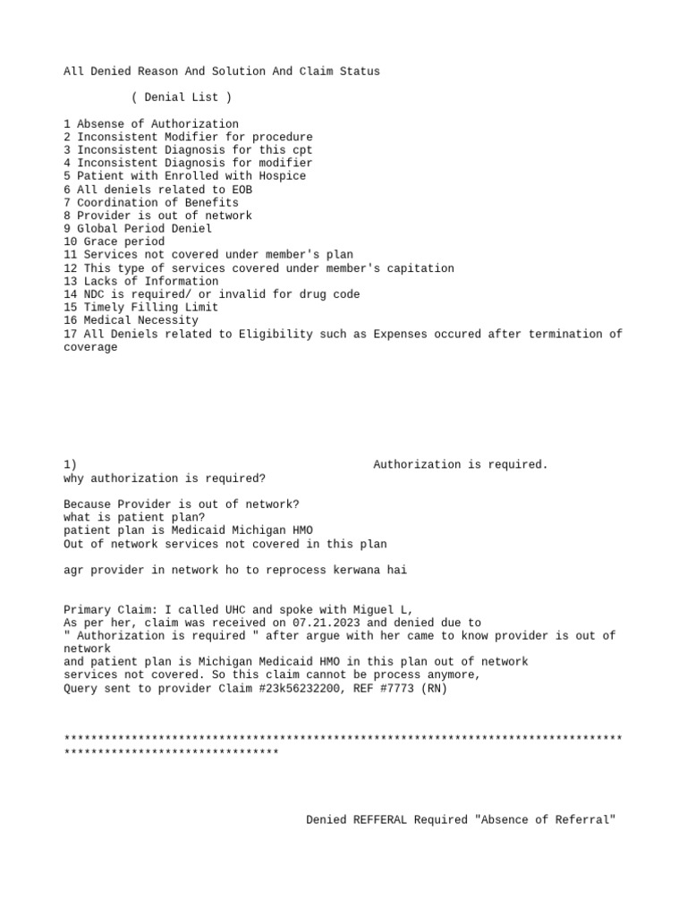 Claim Denial Reasons and Solutions Guide | PDF | Surgery | Mental Disorder
