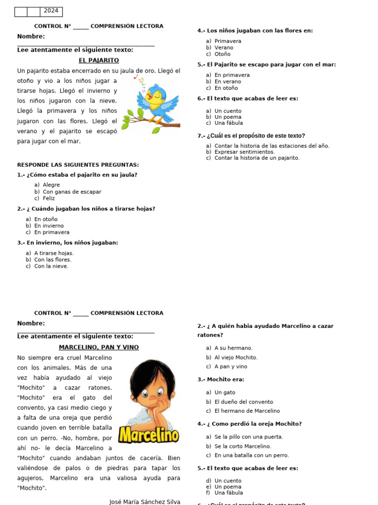 Nombre: - Lee Atentamente El Siguiente Texto: El Pajarito | PDF ...