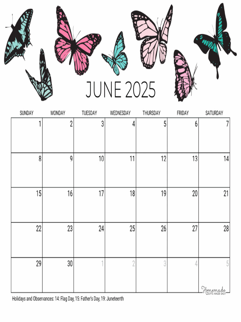 June Calendar 2025 Printable Summer Butterflies Landscape | PDF
