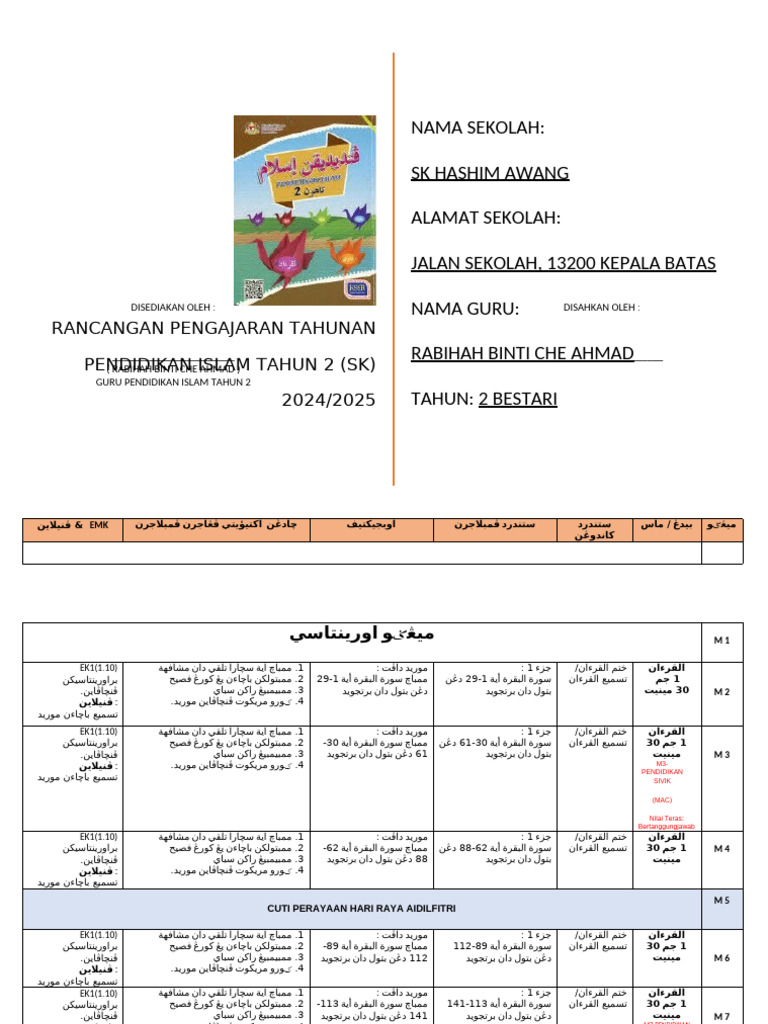 RPT Pi Tahun 2 2024 Alquran Sahaja | PDF