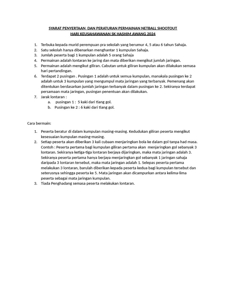 Syarat Penyertaan Dan Peraturan Permainan Netball Shootout | PDF