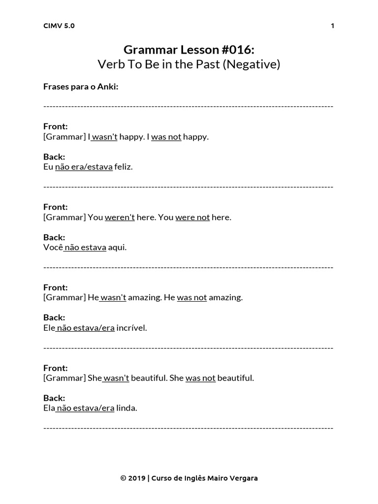 PDF Grammar Lesson 016 Verb To Be in The Past Negative | PDF