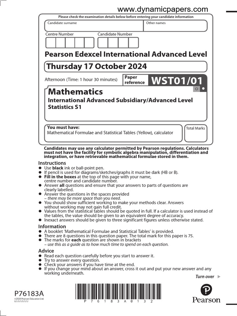 2410 WST01 01 IAL Statistics S1 October 2024 PDF | PDF | Linear ...