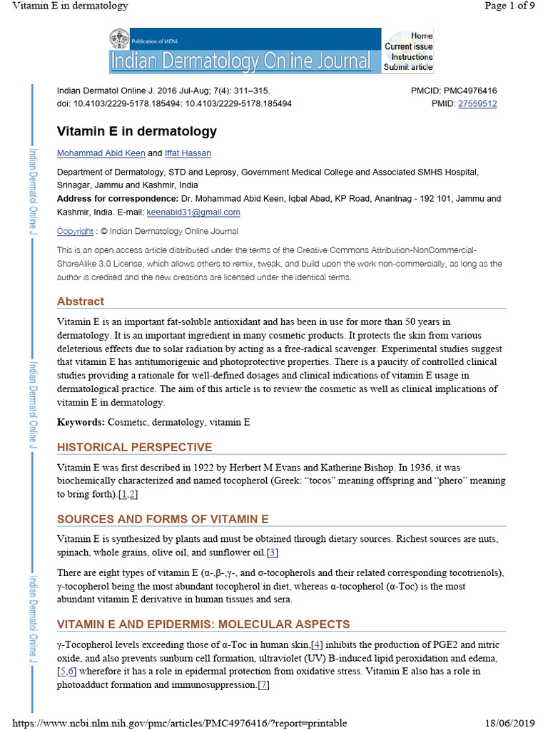Vitamin E in Dermatology | PDF | Vitamin E | Antioxidant