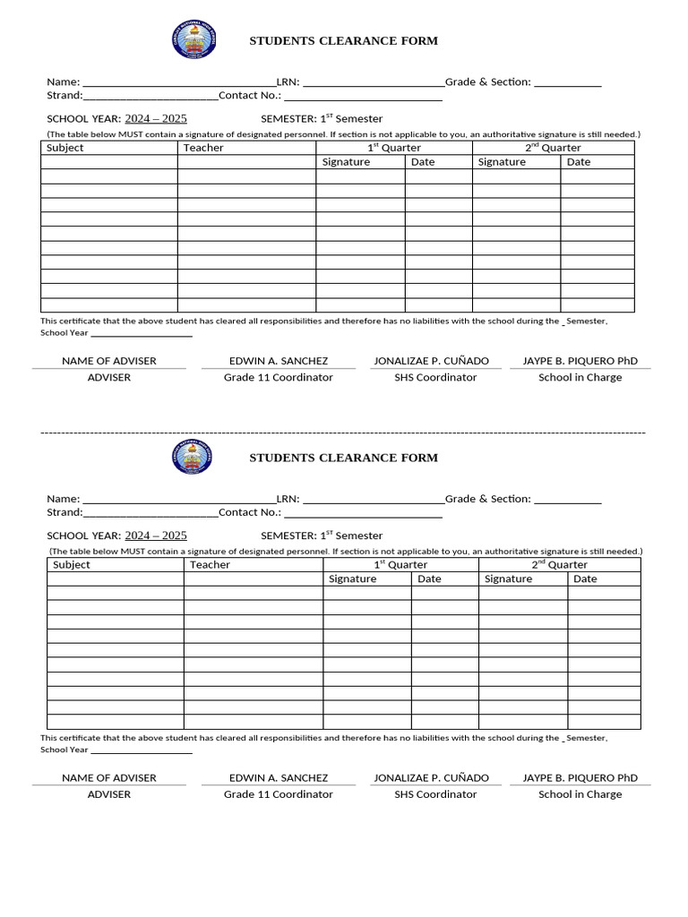Students Clearance Form | PDF