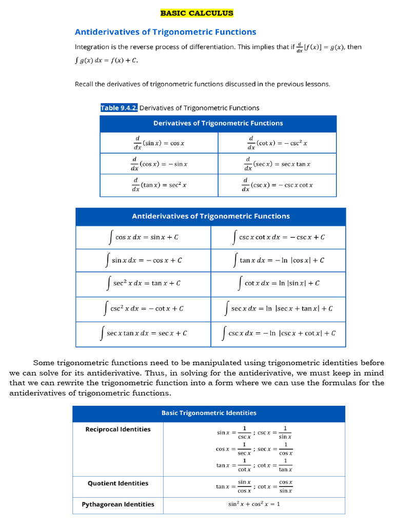 Q4 BASIC CALCULUS Integral of Trigonometric Functions | PDF