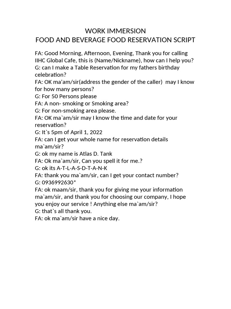 FBS Table Reservation Script | PDF